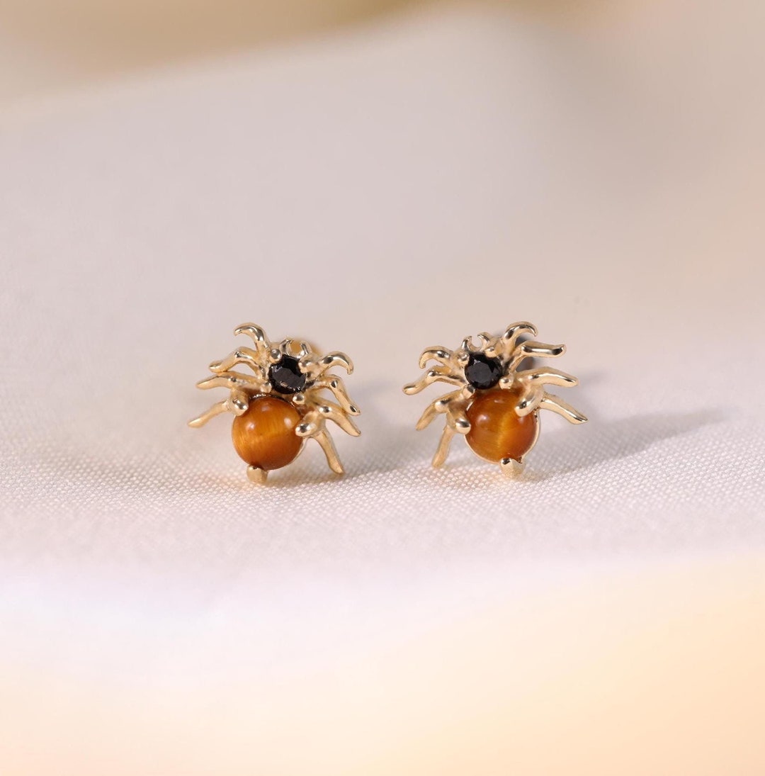 14K Solid Gold Tiger-eye Spider Cartilage Earring/threadless Animal ...