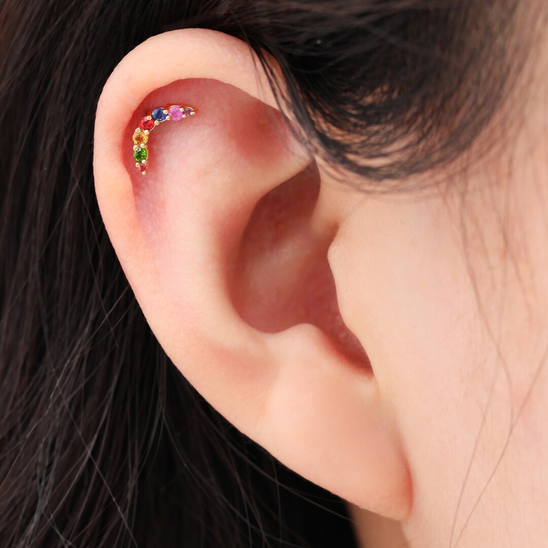 14K Solid Gold Curved Bar Gemstone Stud Earring/moon Shape Cartilage Stud Earring/threadless ...