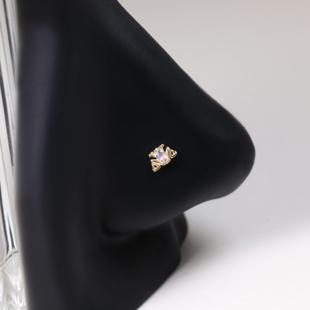 14K Solid Gold Frog Moss Agate S-shape Nose Stud, Frog Labradorite L ...