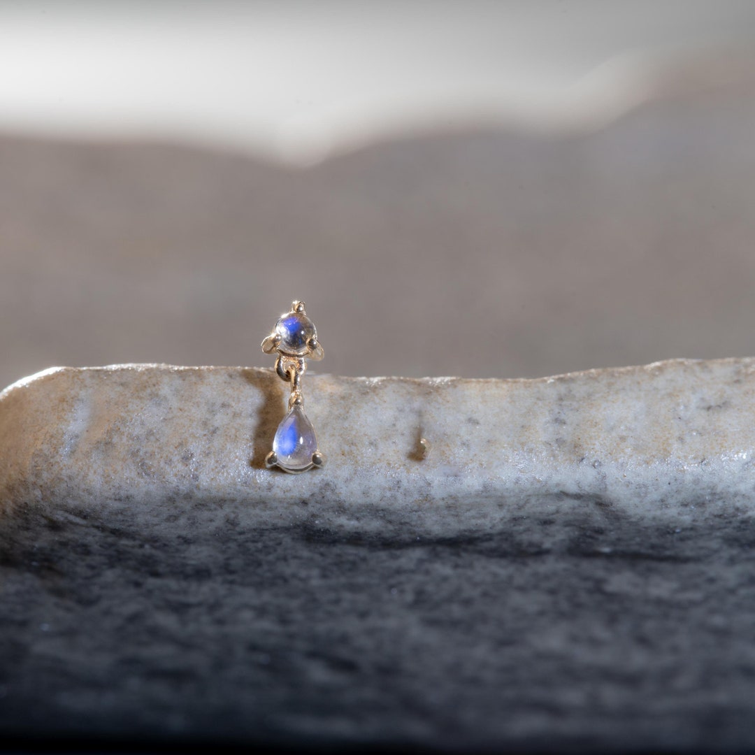 14K Solid Gold Moonstone Dangle Earring/drop Conch Helix Daith Auricle ...