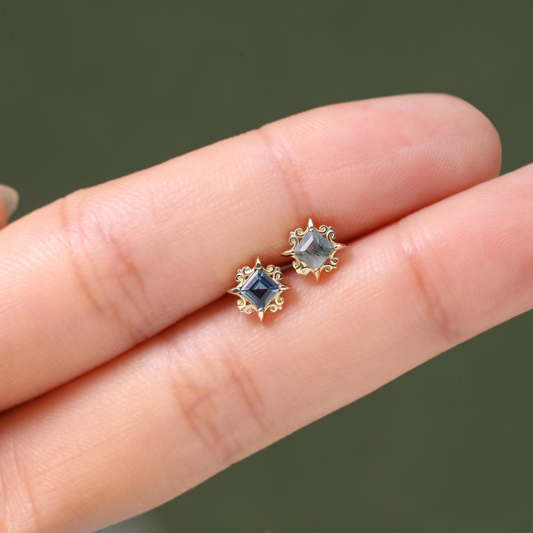 14K Solid Gold Floral Square Moss Agate Stud/threadless Push Pin ...