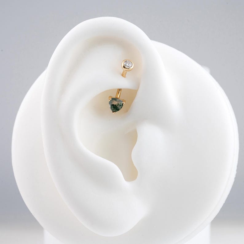 14k Solid Gold Moss Agate Internally Threaded Rook Earring Curved ...
