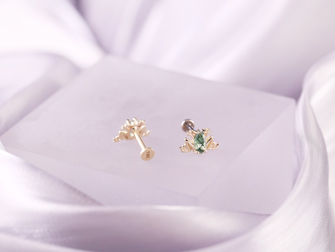 14K Solid Gold Moss Agate Frog Gemstone Ends/cartilage Piercing/animal ...