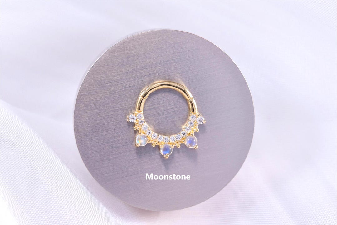 14K Solid Gold Moonstone Clicker/moissanite Septum Ring/moonstone Cartilage Hoop/moissanite Nose ...