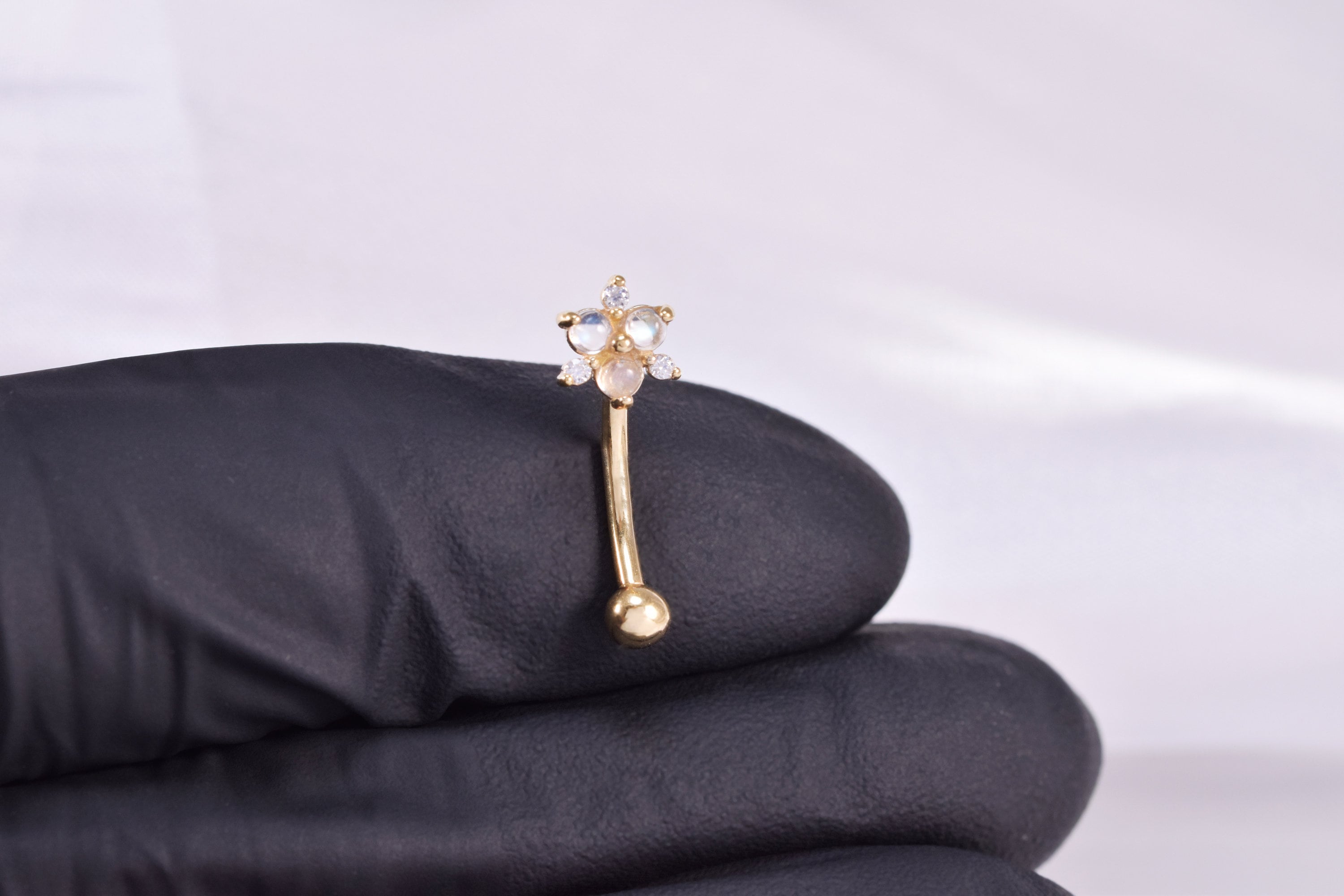 14K Solid Gold Moonstone Rook Earring/floral Curved Barbell Rook ...
