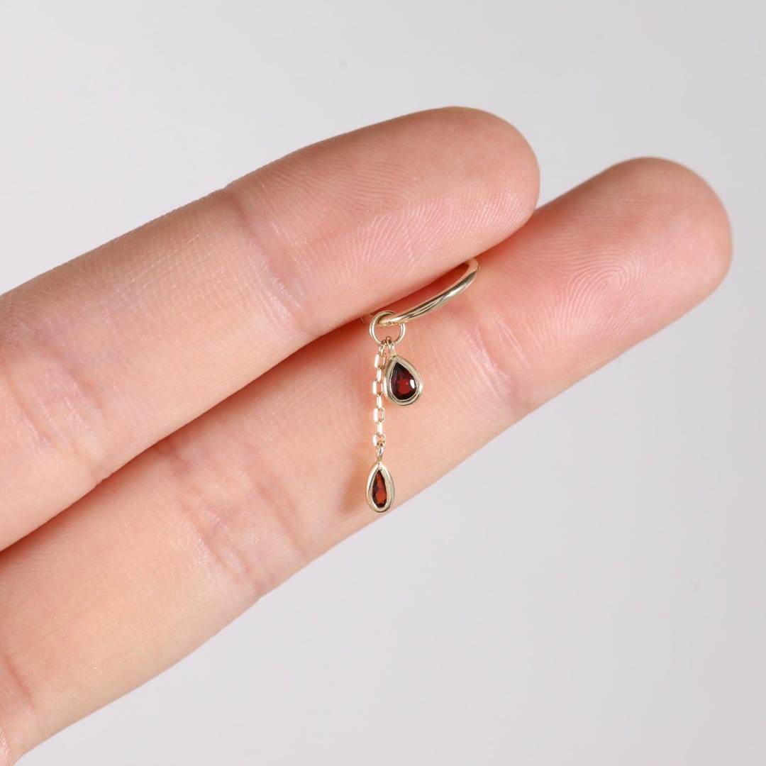 14K Solid Gold Garnet Pear Shape Charm/gold Hoop Charm/dangle Hoop ...