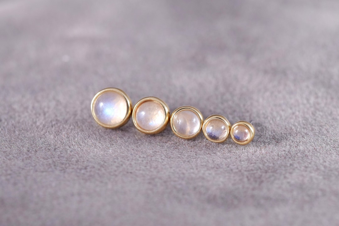 14K Solid Gold Moonstone Stud Bezel Set Threadless Push Pin Flat Back ...