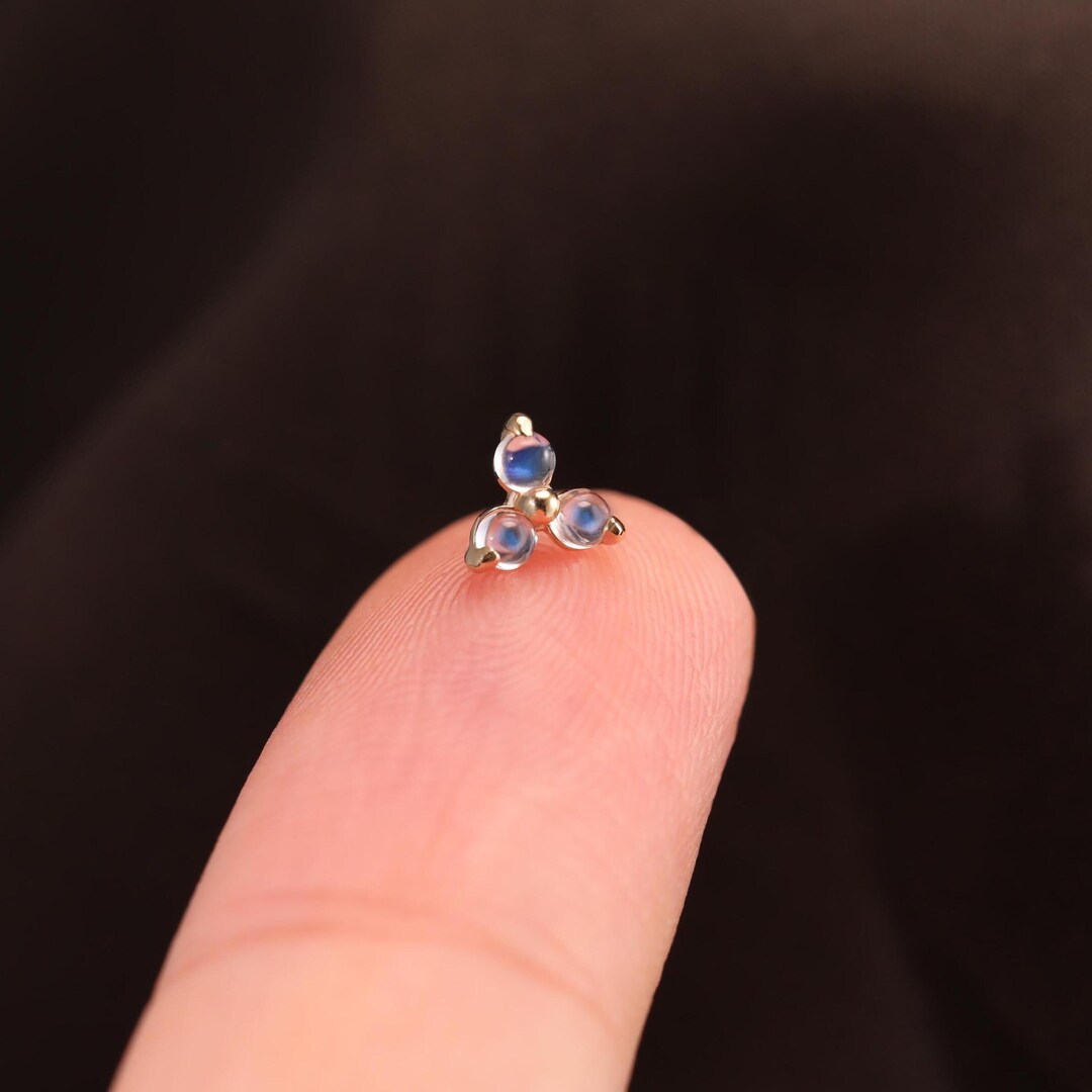 14K Solid Gold Three Moonstone Earring/flower Shape Stud/threadless ...