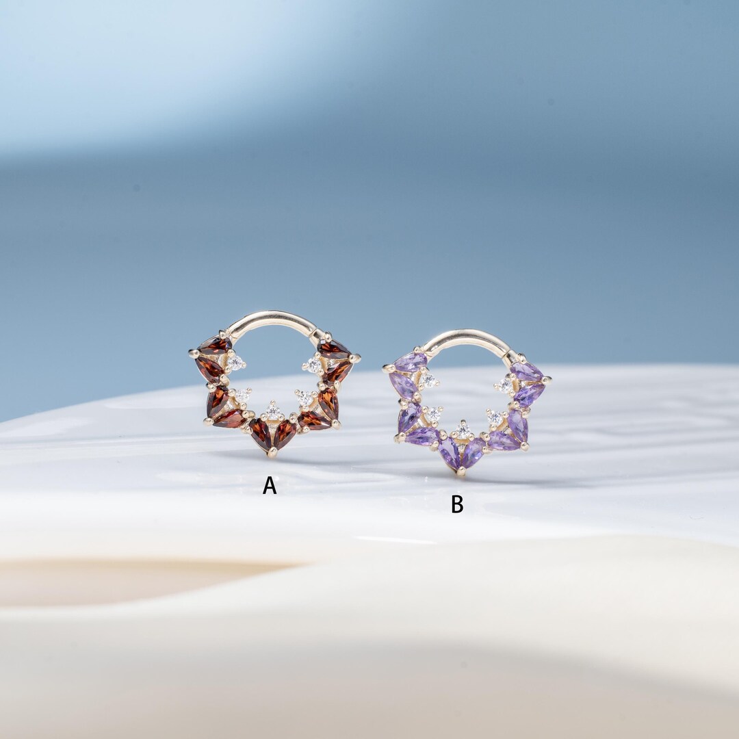 14K Solid Gold Amethyst Septum Ring/garnet Hoop Clicker/cluster ...