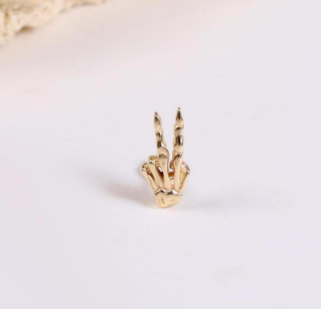 14K Solid Gold Skeleton Hand Peace Sign Stud/bone Finger V Sign Earring ...