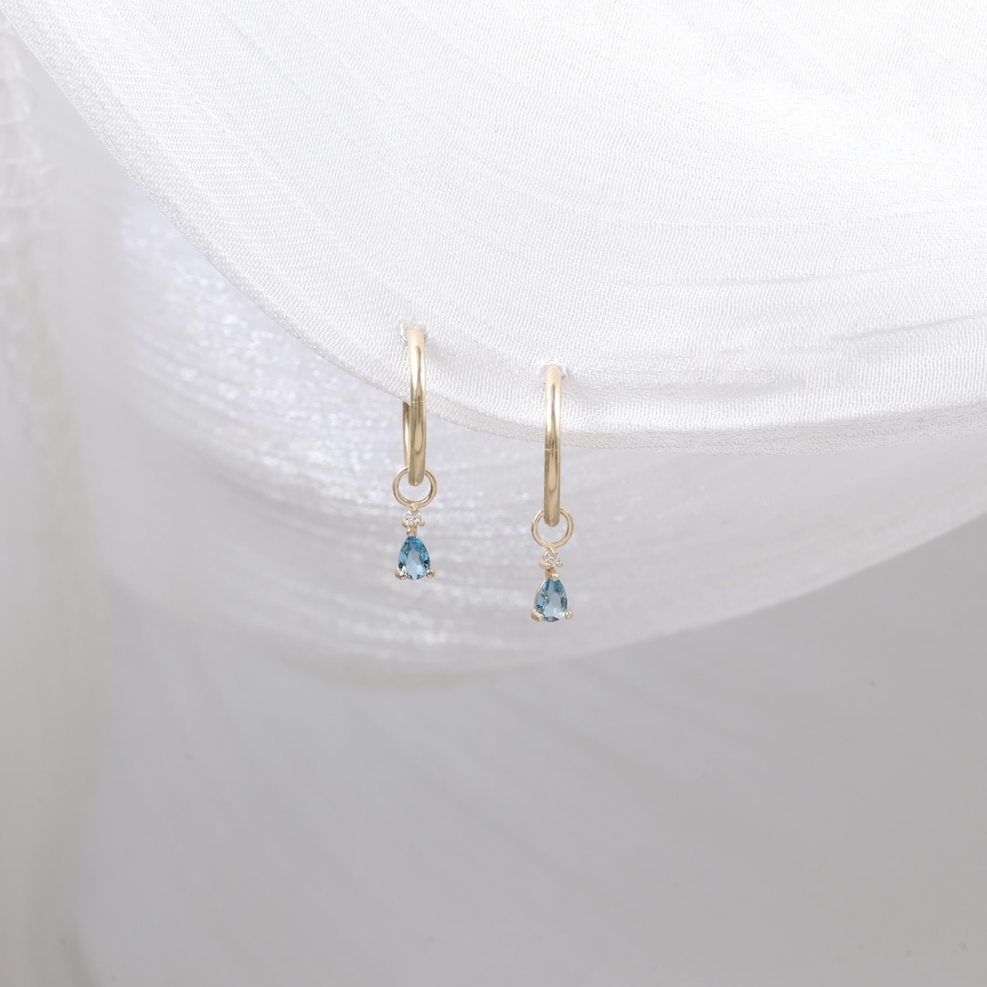 14K Solid Gold London Blue Topaz Teardrop Charm, Dainty Moissanite ...