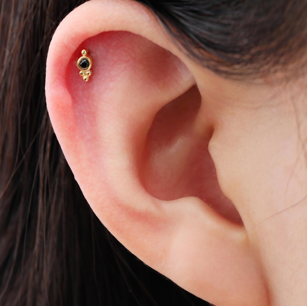 14K Solid Gold Black Spinel Tiny Stud Earring/threadless Push Pin ...