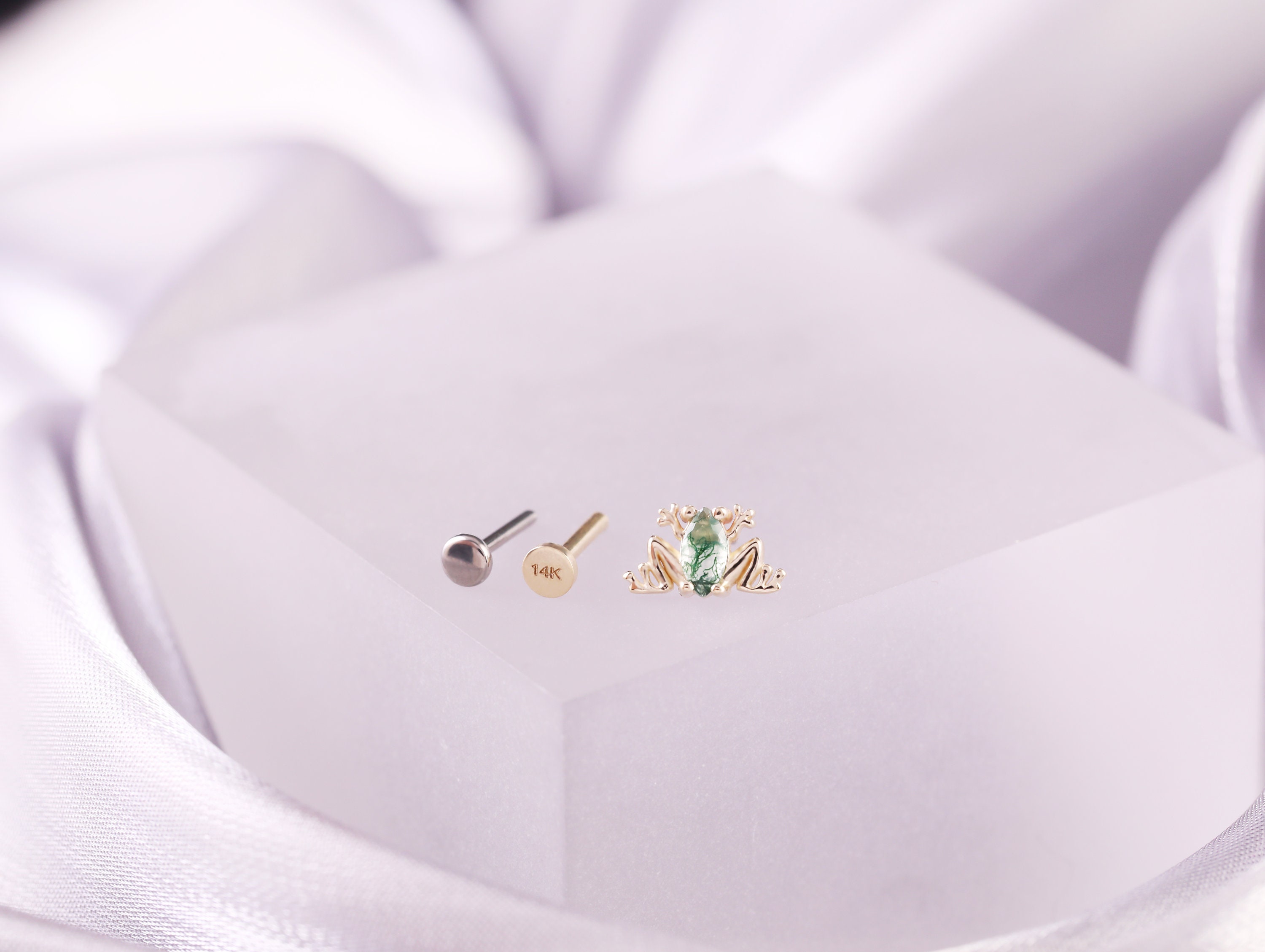 14K Solid Gold Moss Agate Frog Gemstone Ends/cartilage Piercing/animal ...