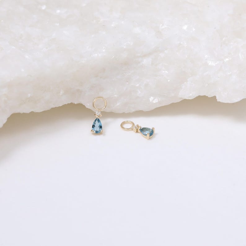14K Solid Gold London Blue Topaz Teardrop Charm, Dainty Moissanite ...