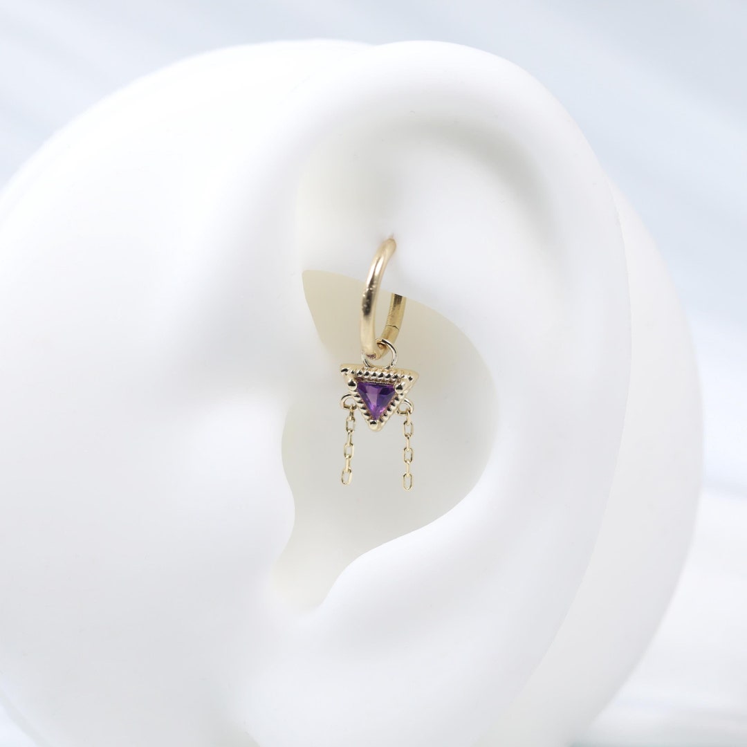 14K Solid Gold Triangular Amethyst Charm/dangle Hoop Charm Earring ...