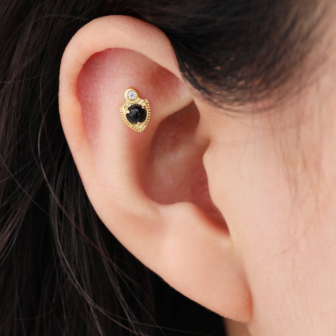 14K Solid Gold Black Onyx Stud/threadless Push Pin/conch Helix Daith ...