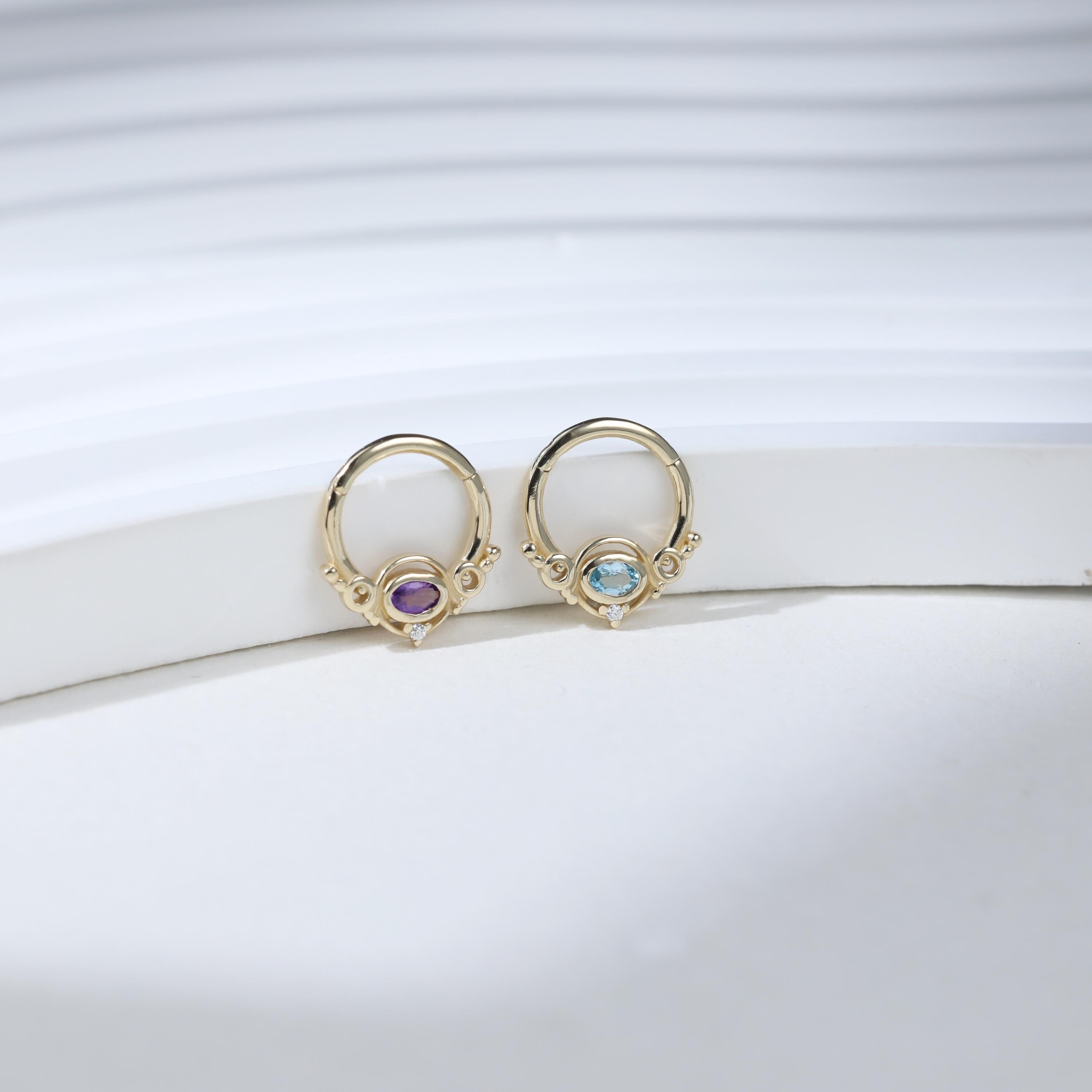 14K Solid Gold Elegant Amethyst Septum Ring/gold Swiss Blue Topaz ...