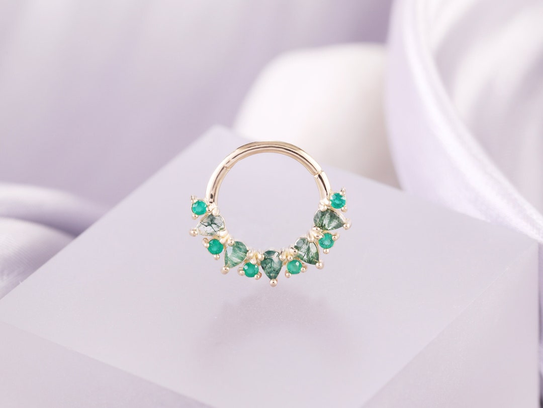 14K Solid Gold Moss Agate Daith Piercing Jewelry/ Chrysoprase Hinged ...
