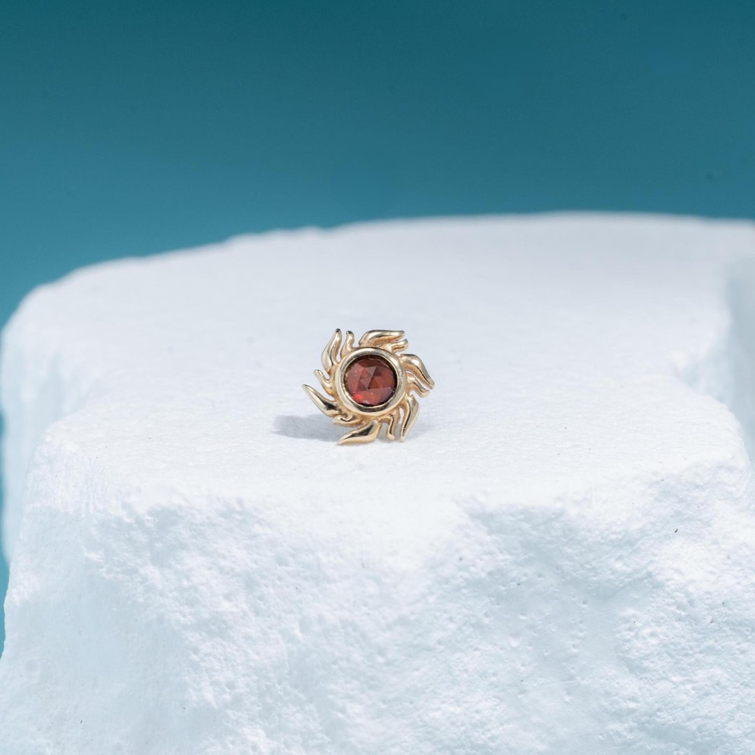 14K Solid Gold Rose Cut Garnet Stud Earring/fancy Sun Flame Flat Back ...