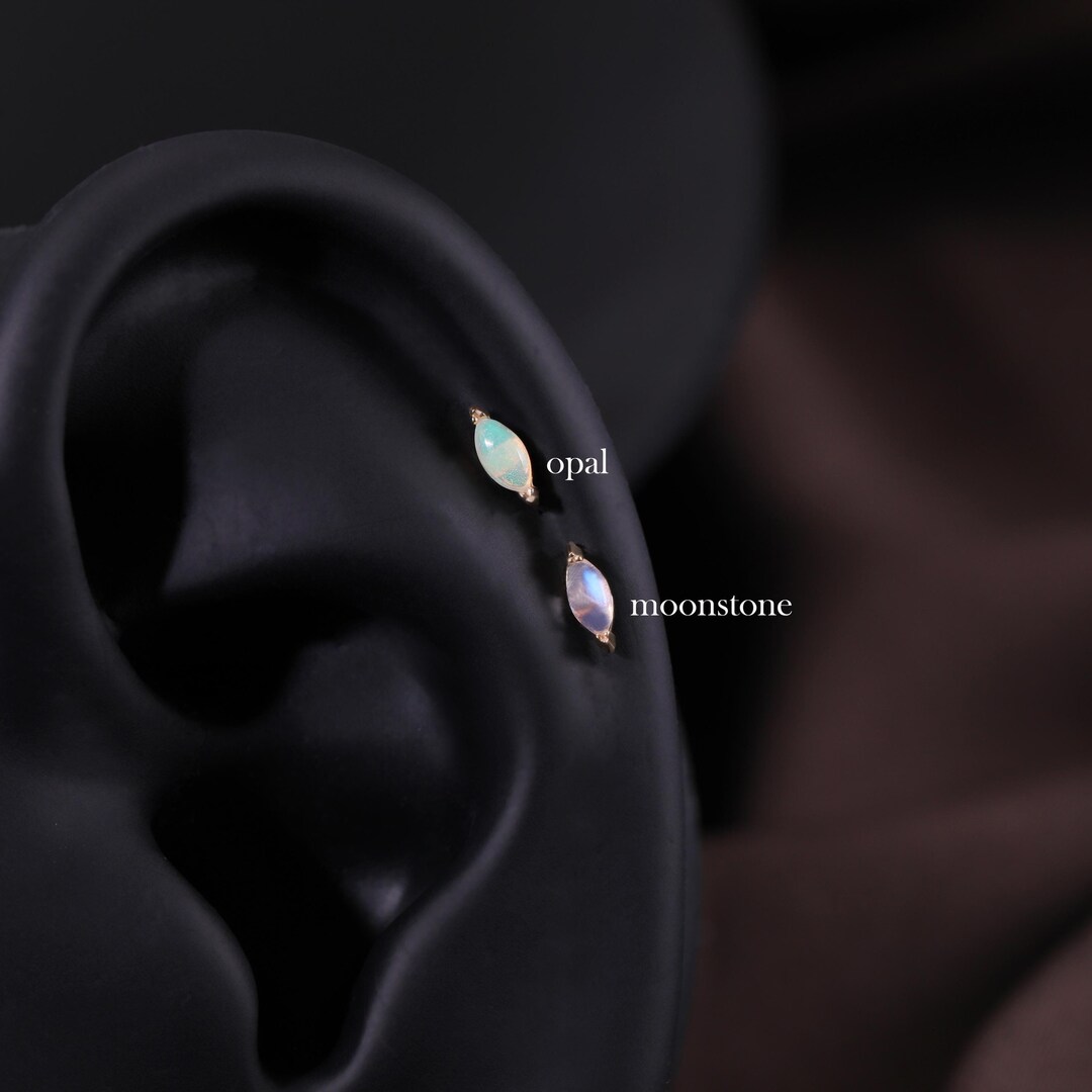14K Solid Gold Marquise Moonstone Earring/opal Threadless Push Pin ...