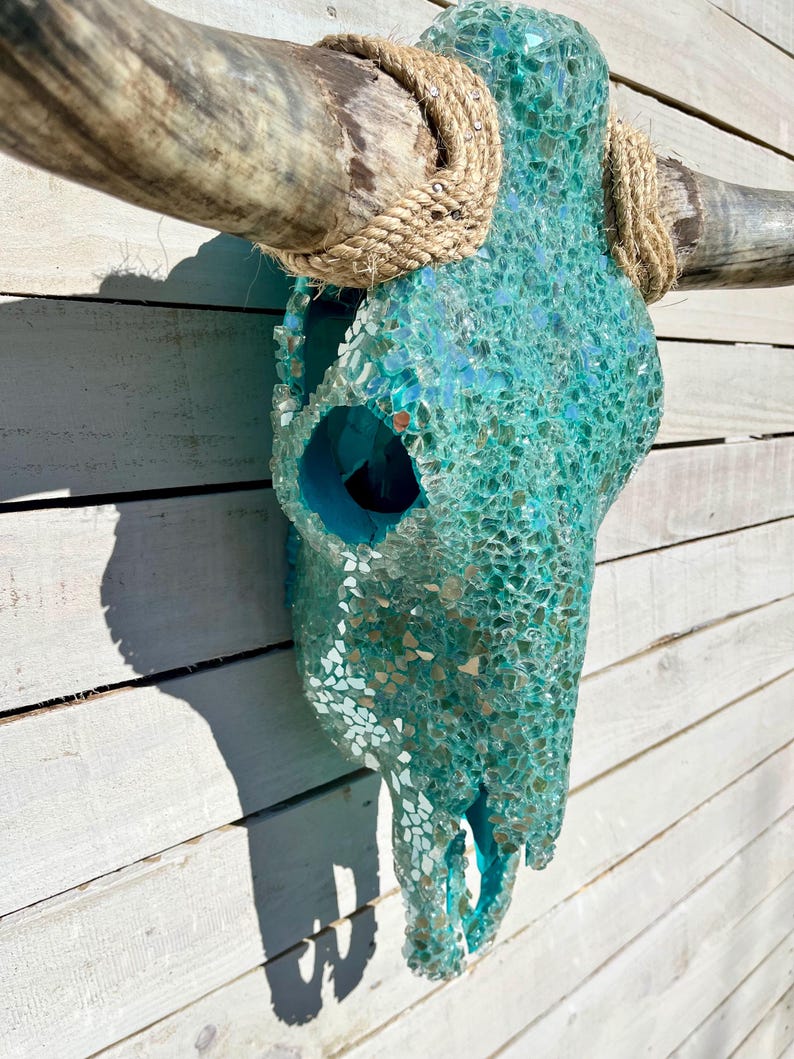 Turquoise Glass Cow Skull Wall Art: 30-36" Wide Home Gift Western Skull ...