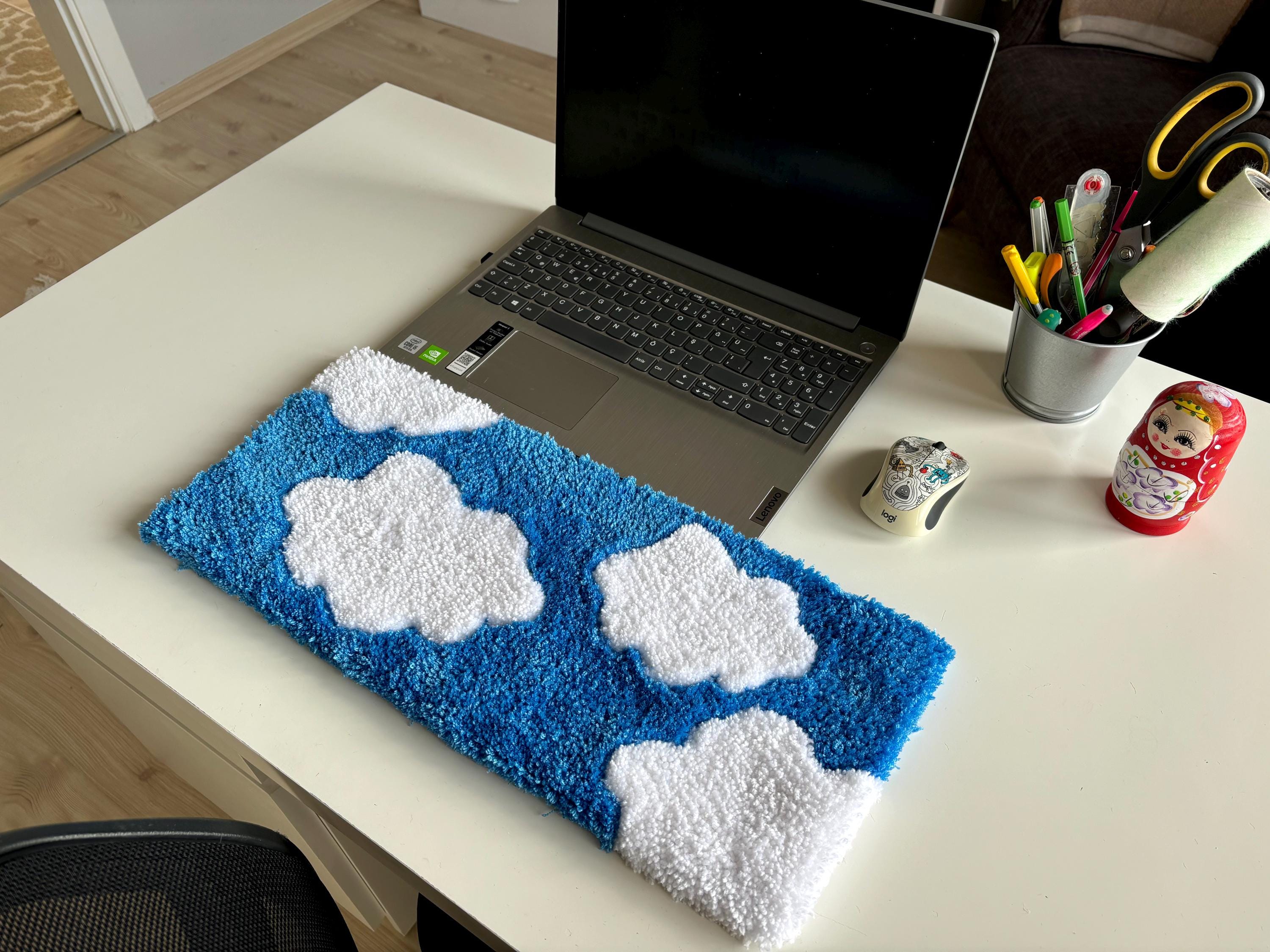 Blue Sky Tufted Keyboard Rug, Clouds Wrist Rest, Fluffy Keyboard Mat ...