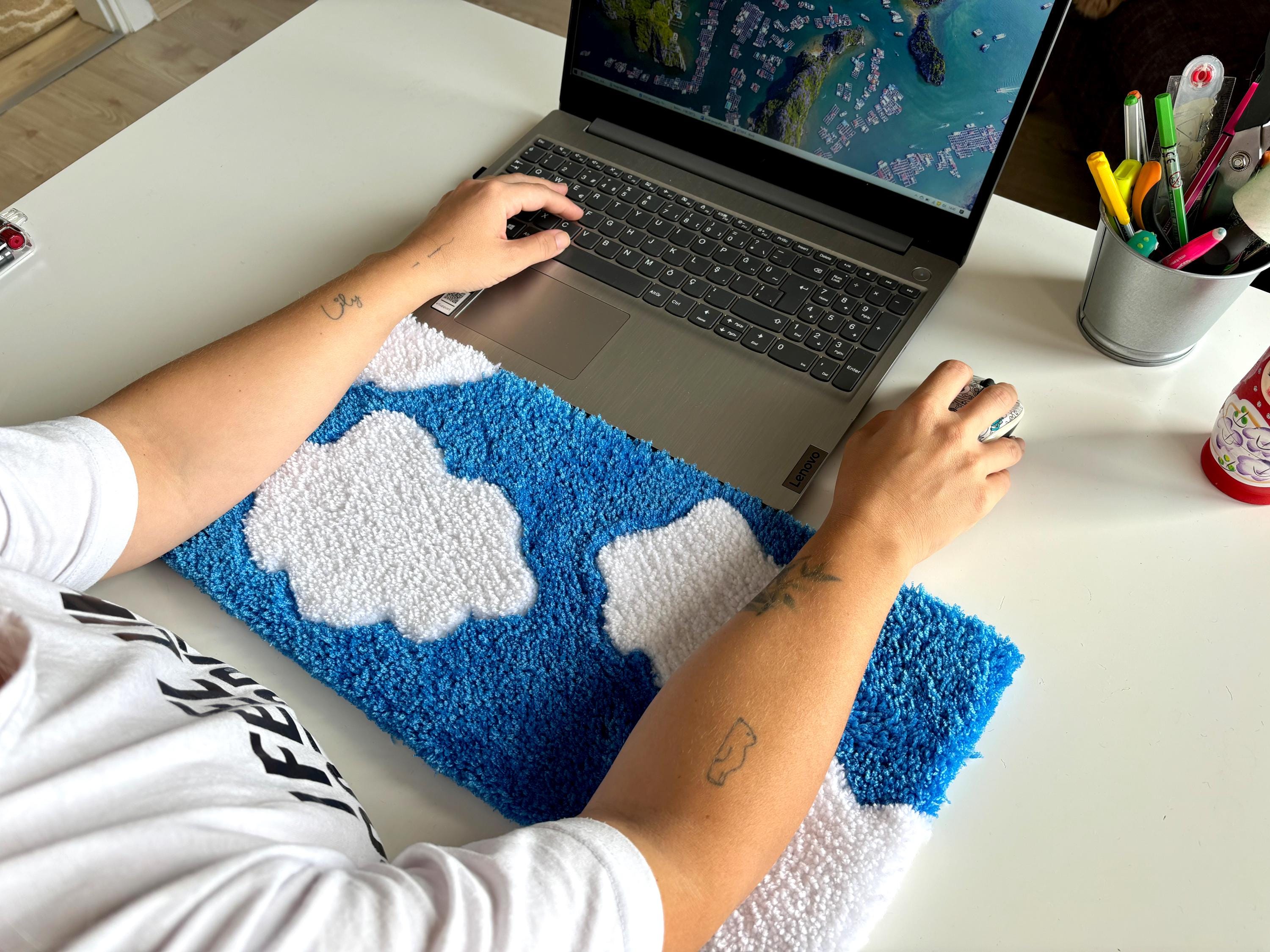 Blue Sky Tufted Keyboard Rug, Clouds Wrist Rest, Fluffy Keyboard Mat ...