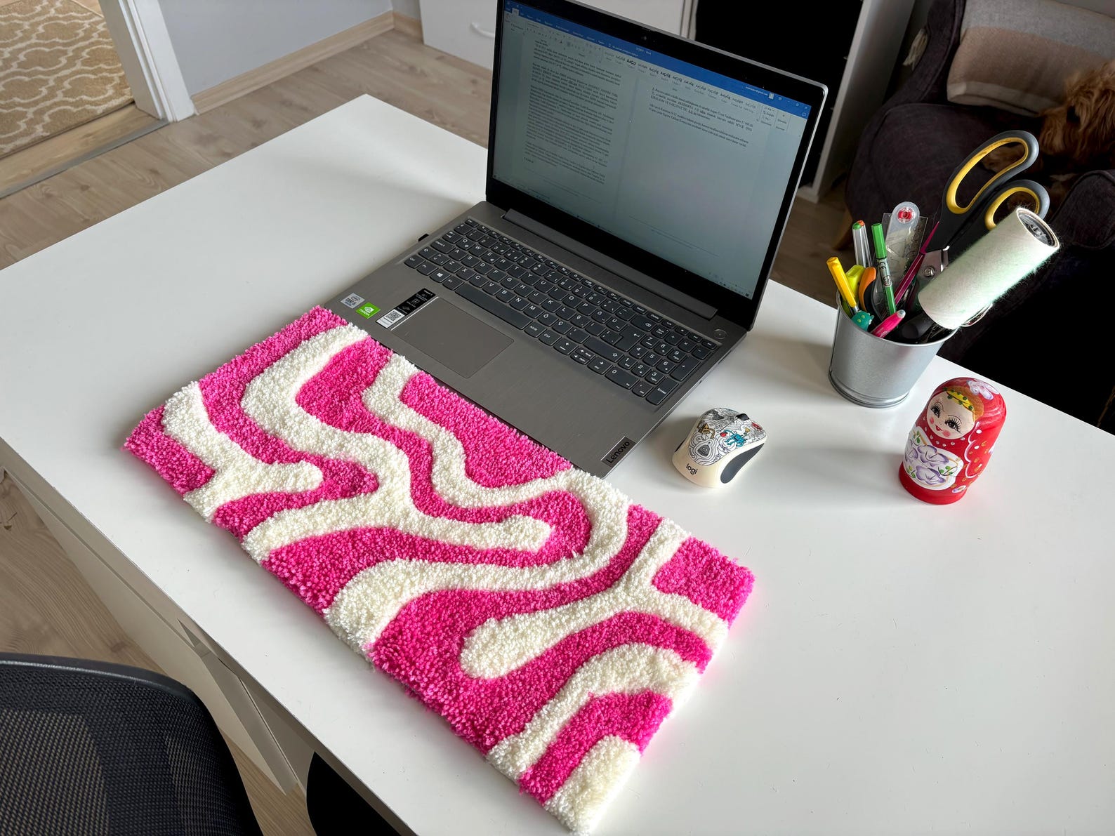 Wavy Pink and White Tufted Keyboard Rug, Abstract Desk Decor, Modern ...