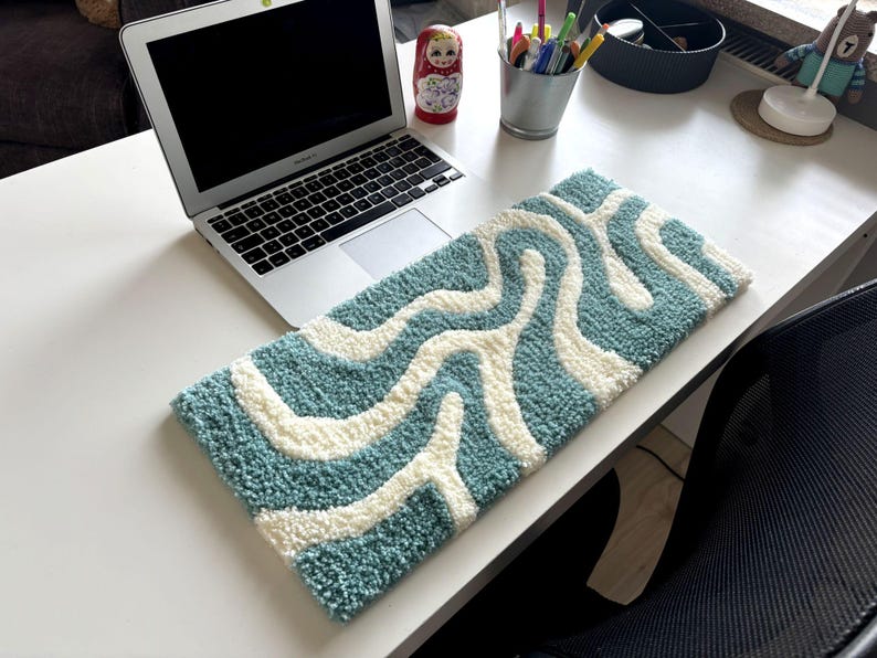Wavy Blue White Keyboard Rug | Modern Desk Decor | Aesthetic Work Desk ...