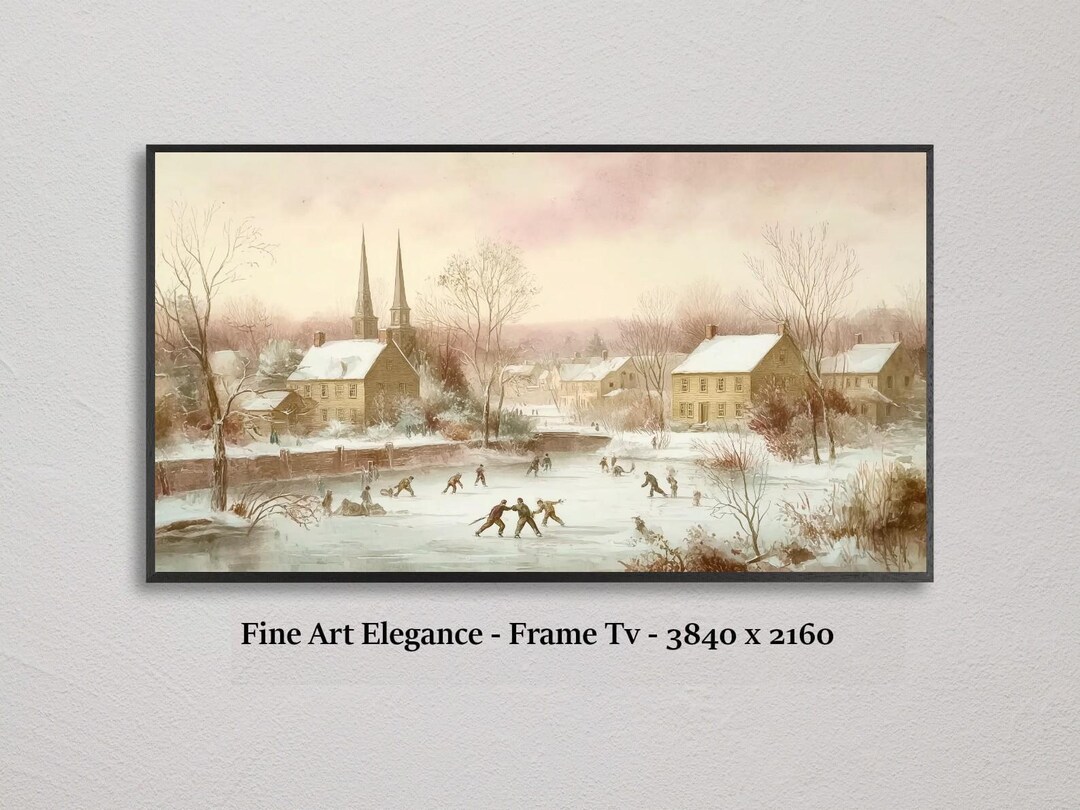 Ice Skating on the Pond, Vintage Watercolor, Cityscape, Tv Frame Art ...