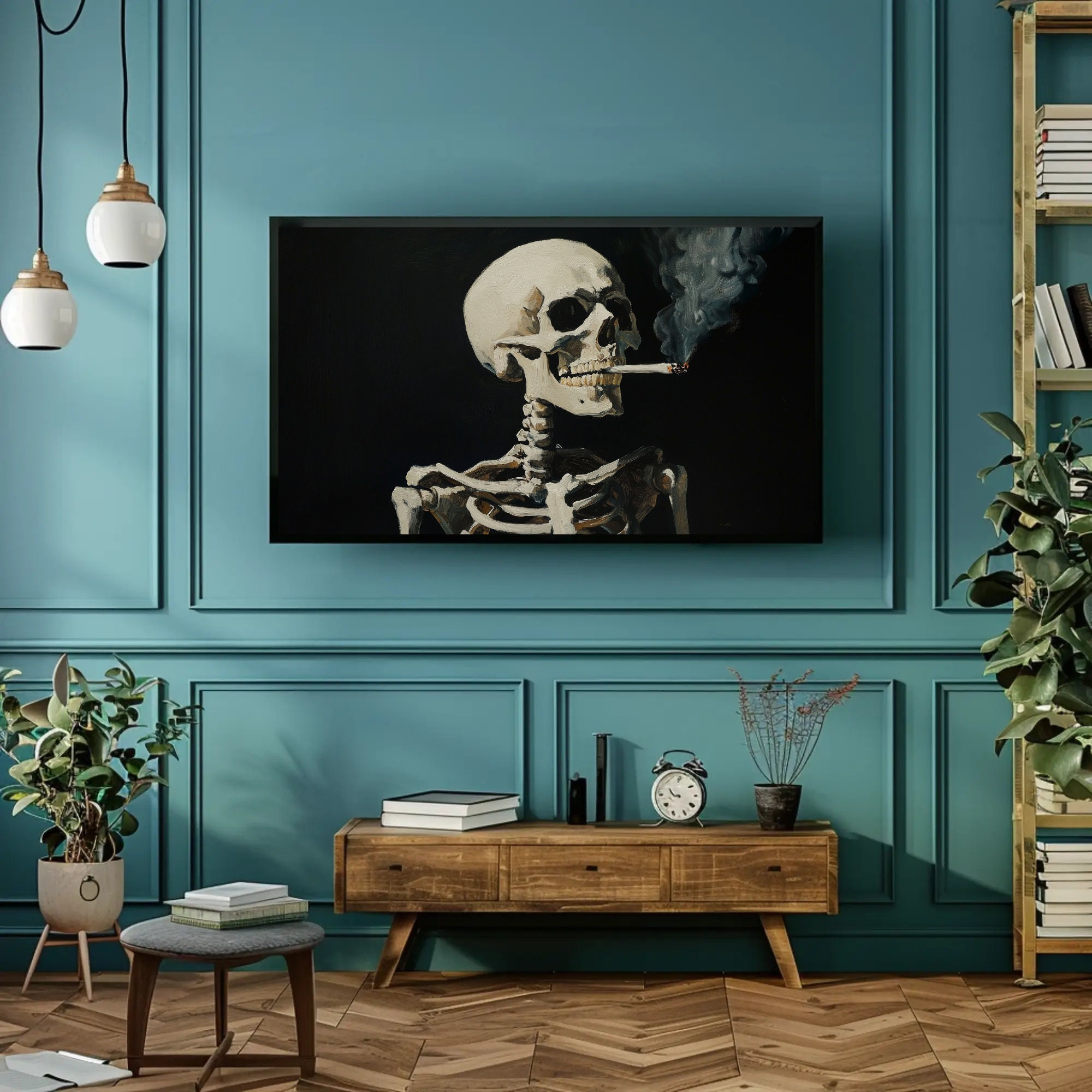 Tv Frame Art, Canva, Skull of A Skeleton With Burning Cigarette ...