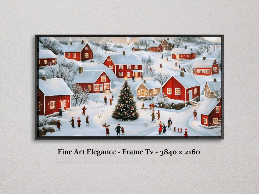 Tv Frame Art, Canva, Festive Christmas Scene, Snowy Village With Red ...