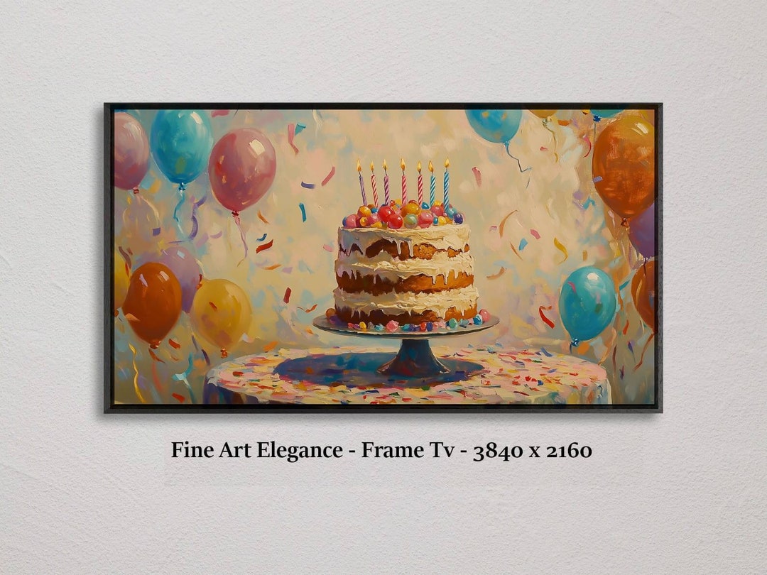 Tv Frame Art, Canva, Birthday Cake, Oil Painting, Colorful, Television ...