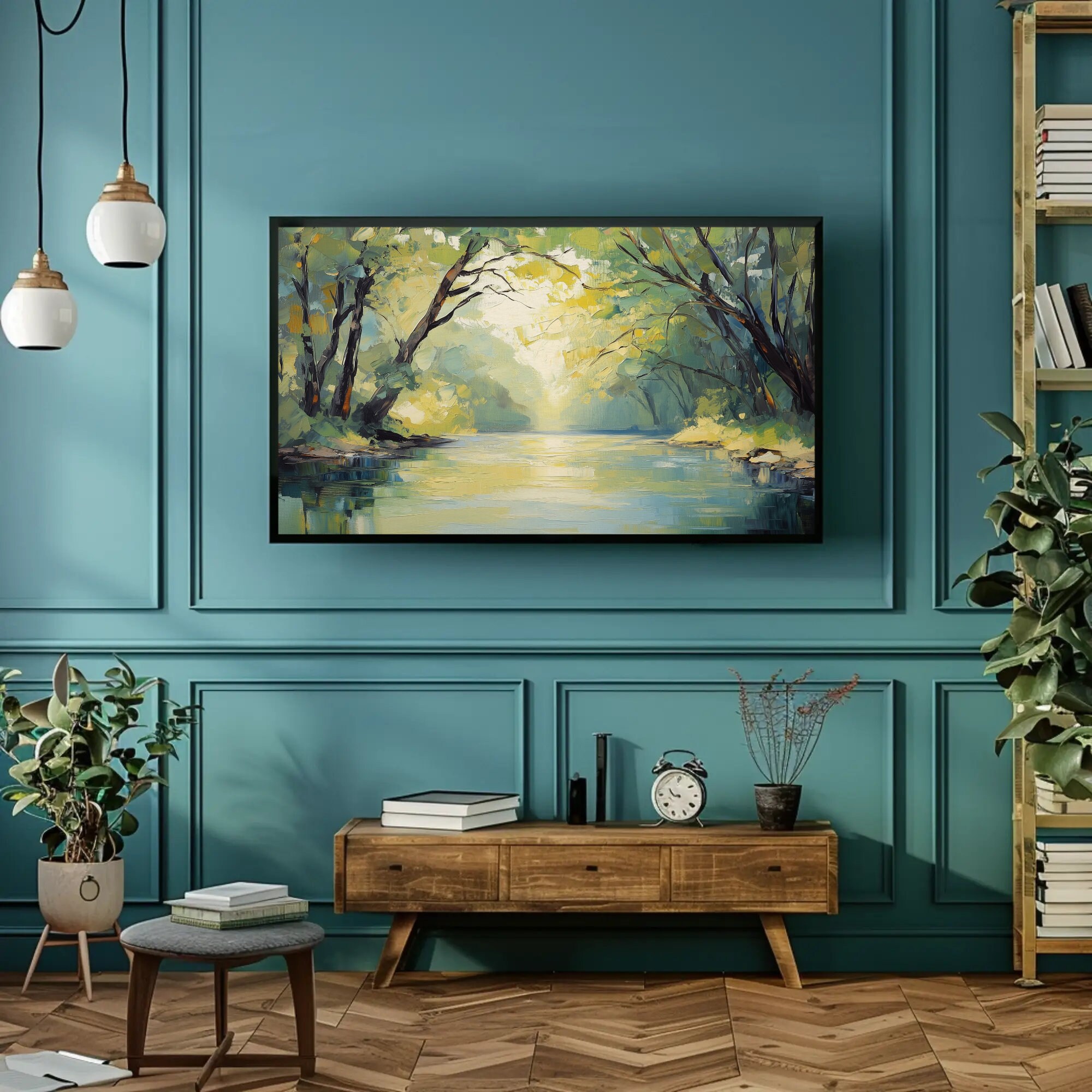 Tv Frame Art, Canva, River in a Forest , Oil Painting, Impressionism ...