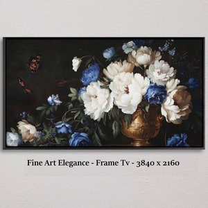 Tv Frame Art, Canva, White Peonies, Blue Roses, Still Life, Oil ...