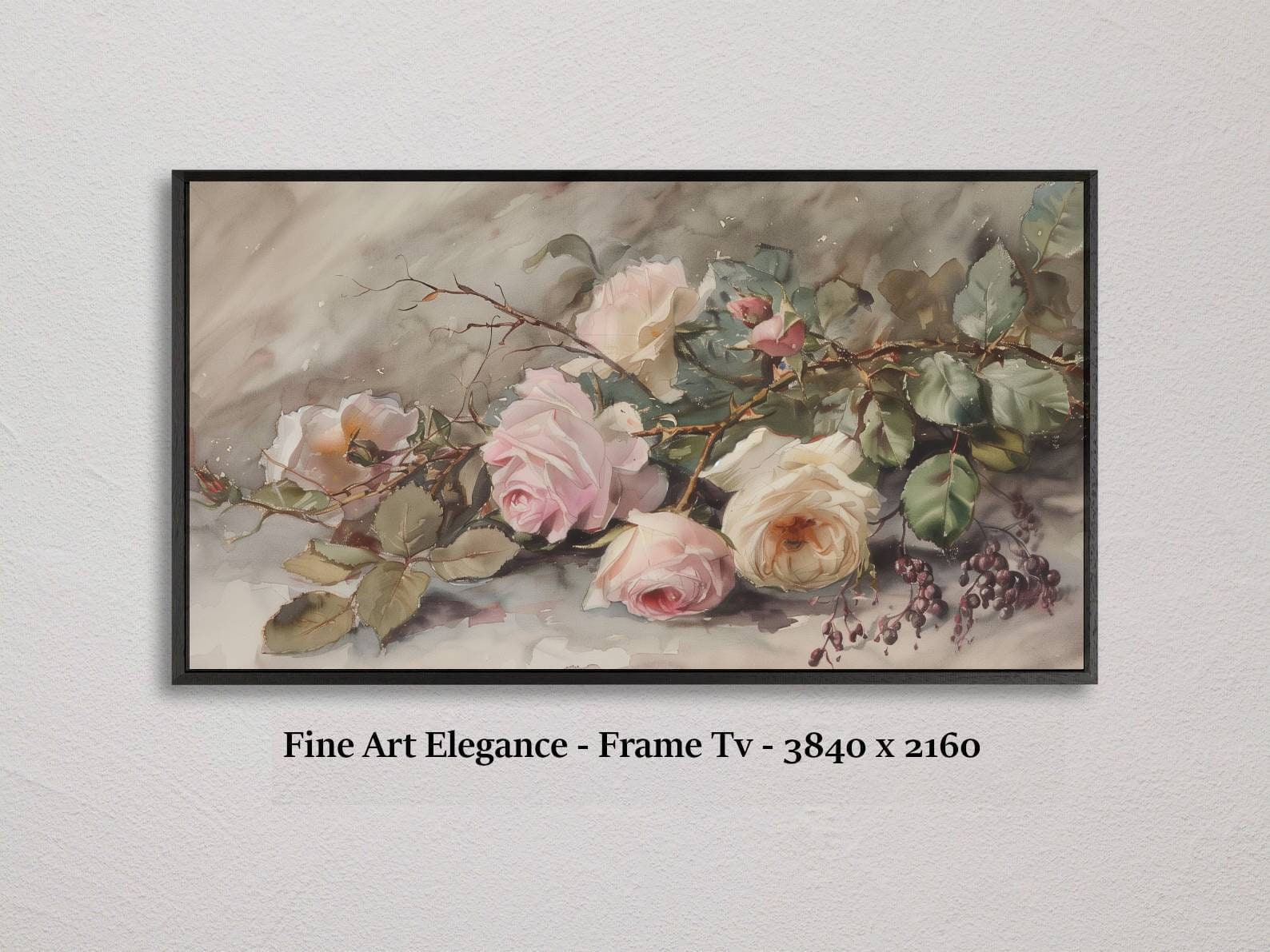 Tv Frame Art, Canva, Watercolor, Pink and White Roses, Still Life ...