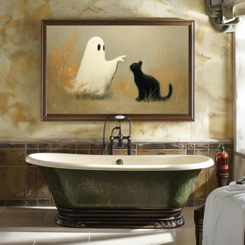 Ghost Pointing at a Black Cat, Oil Painting, Halloween, Tv Frame Art ...