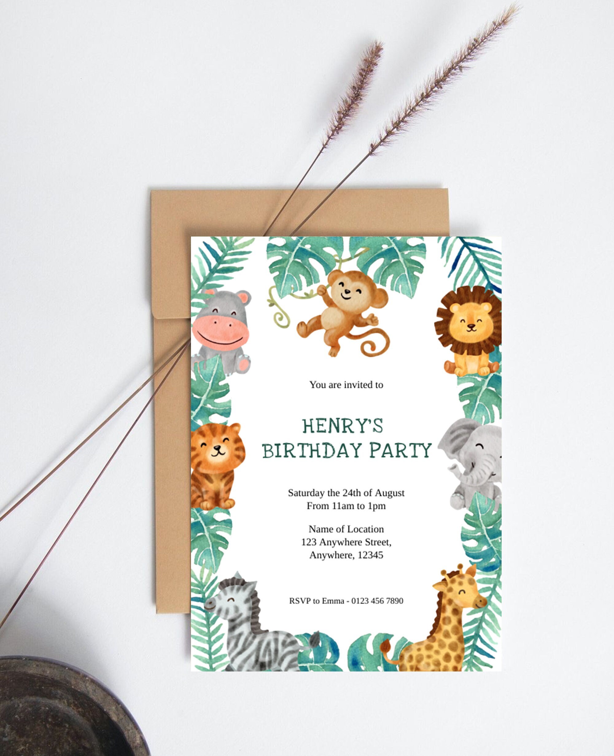 Kid's Birthday Party, Birthday Invitation, Jungle Birthday Invitation ...