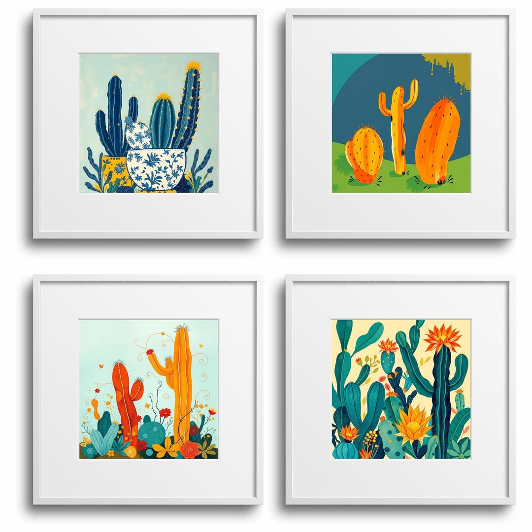 Digital Art. Bright & Bold Cactus Prints Set of 4 Digital Cacti Prints ...