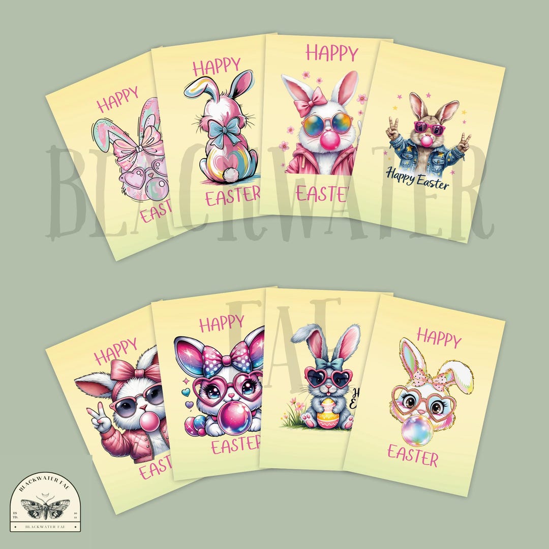 Printable Rabbit Easter Cards, Pack of 8 Digital Download Bunny ...