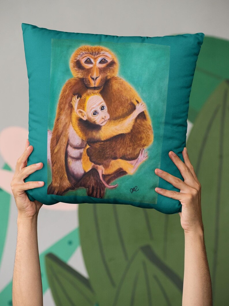 Mom and Baby Monkey Pillow -print From Original,pillow for Couch,dark ...