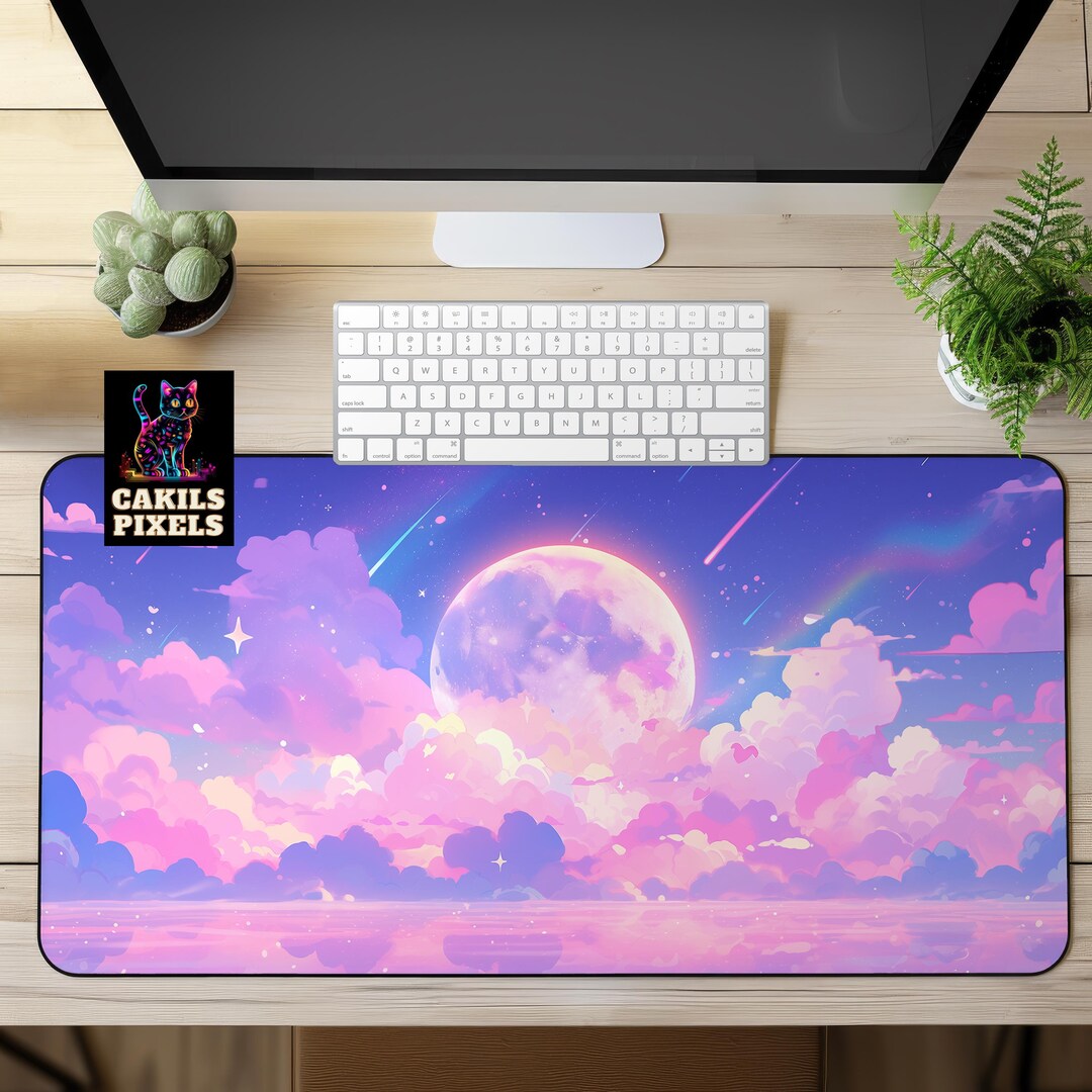Soft Pastel Moon and Clouds Desk Mat, Pink Non Slip Mouse Pad ...