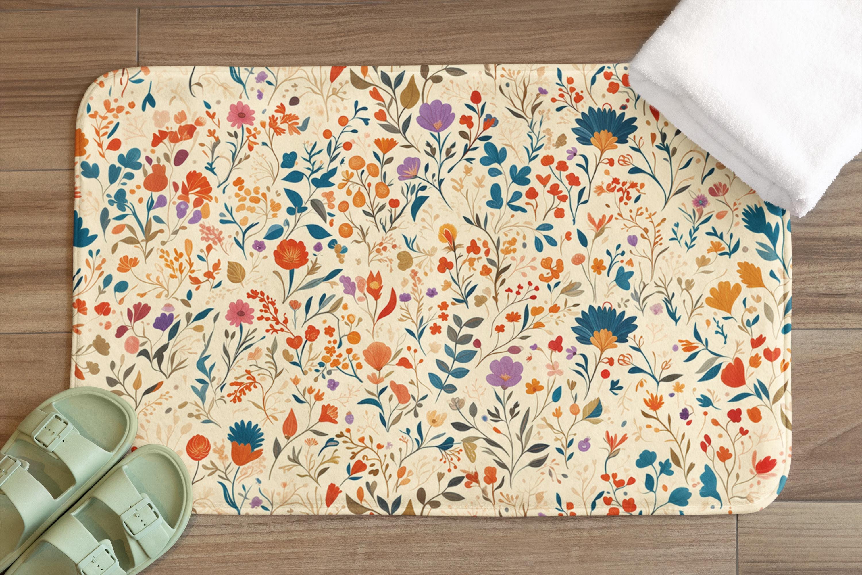 Aesthetic Boho Wildflowers Bath Mat, Pastel Floral Bathroom Rug ...