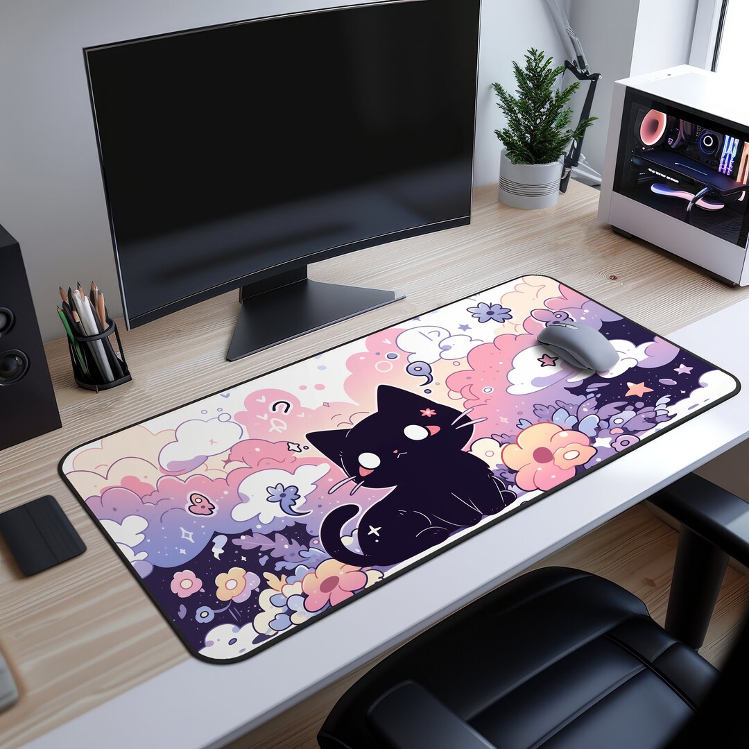 Cute Black Cat Desk Mat, Cartoon Cat Non Slip Mouse Pad, Aesthetic Desk ...