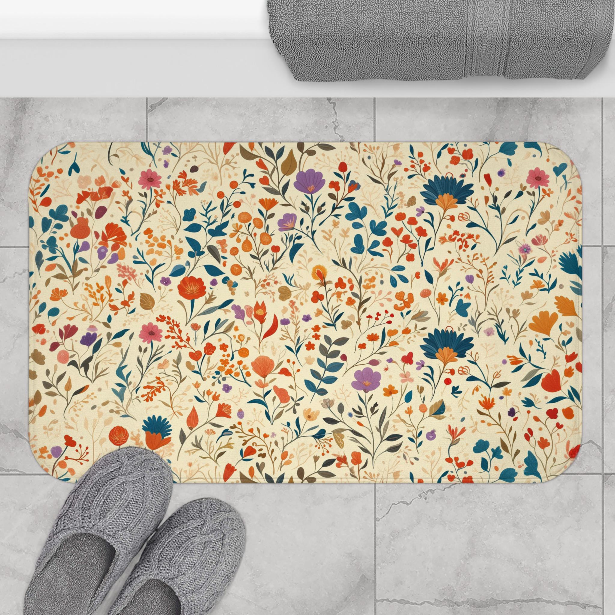 Aesthetic Boho Wildflowers Bath Mat, Pastel Floral Bathroom Rug ...