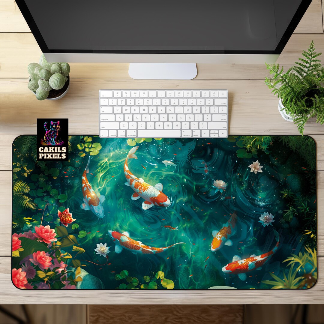 Koi Fish Pond Desk Mat: Serene Water Garden Mousepad - Calming Office ...