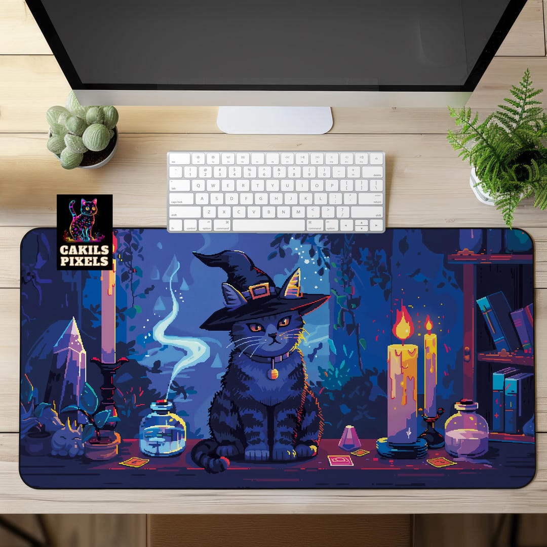 Pixel Art Witch Cat Desk Mat, Cute Witchy Desk Decor, Cat Mouse Pad ...