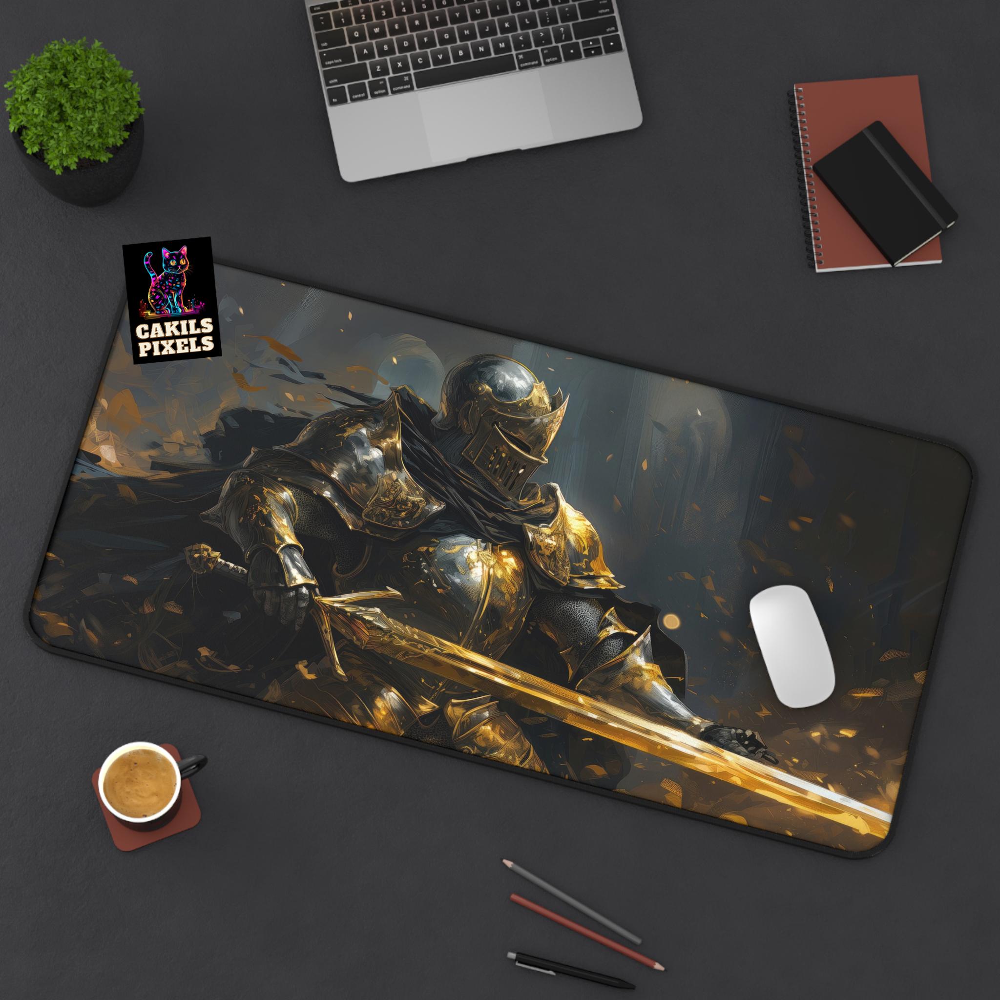 Paladin Knight Desk Mat: Golden Armored Warrior Gaming Decor - Etsy