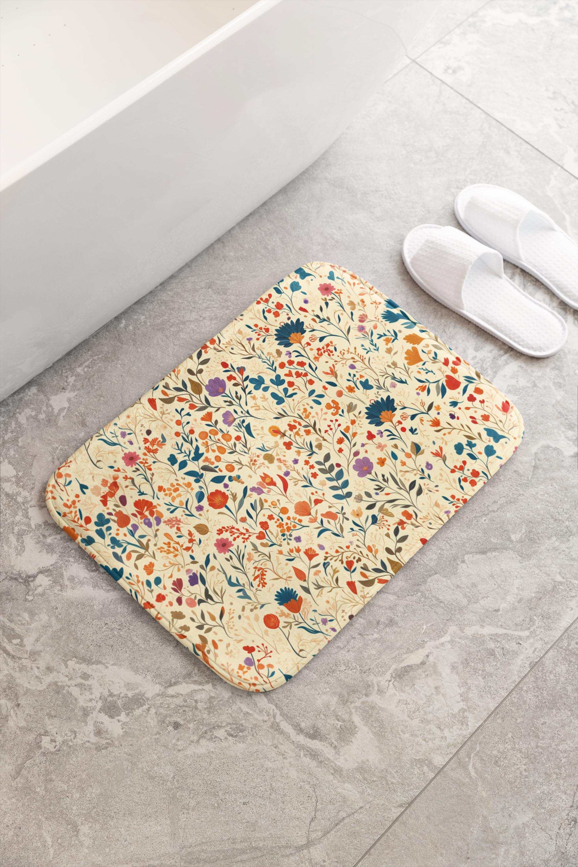 Aesthetic Boho Wildflowers Bath Mat, Pastel Floral Bathroom Rug ...