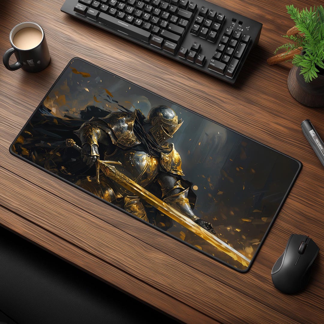 Paladin Knight Desk Mat: Golden Armored Warrior Gaming Decor - Etsy